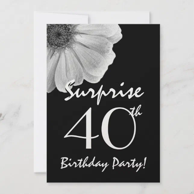 40th Surprise Birthday Black White Daisy Metallic Invitation Zazzle