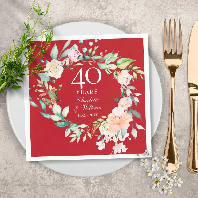 40th Wedding Anniversary Country Floral Ruby Napkins | Zazzle