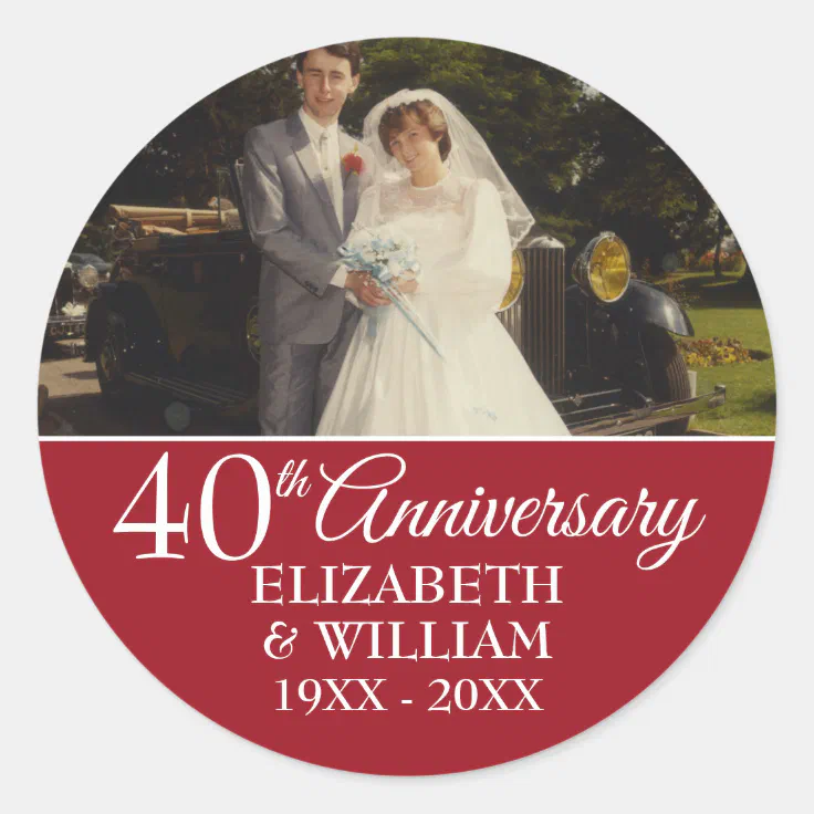 40th Wedding Anniversary Photo Elegant Ruby Classic Round Sticker | Zazzle