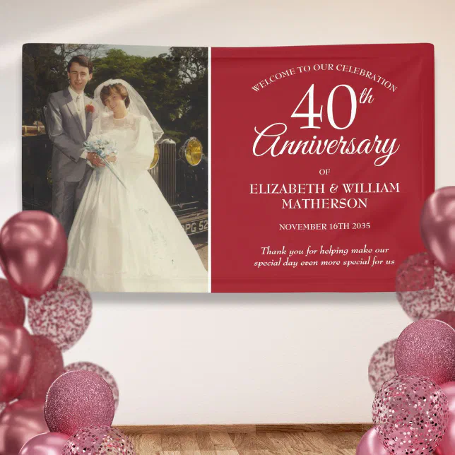 40th Wedding Anniversary Photo Ruby Welcome Banner | Zazzle