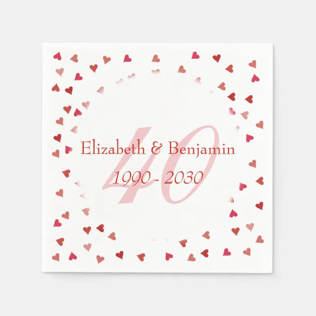 40th Wedding Anniversary Ruby Hearts Confetti Paper Napkins | Zazzle
