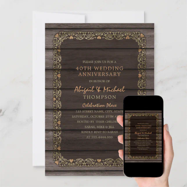 40th Wedding Anniversary Rustic Wood Country Party Invitation | Zazzle