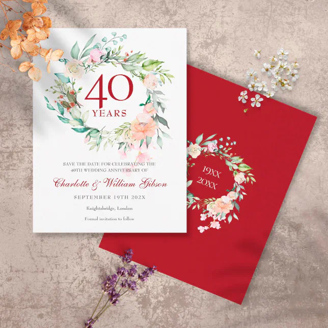 40th Wedding Ruby Anniversary Save the Date Floral Announcement ...