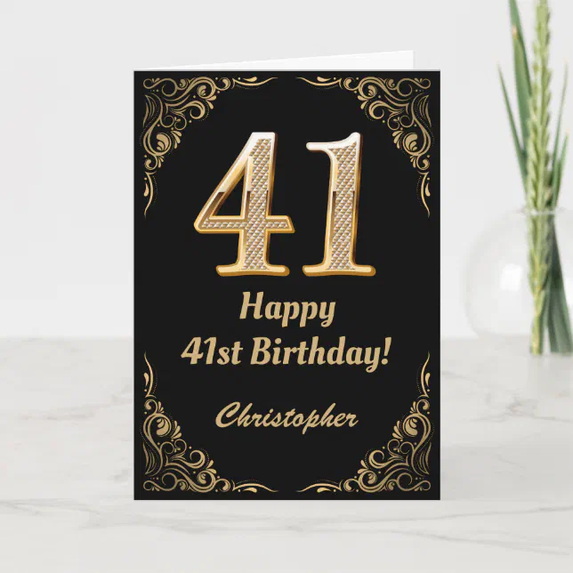 41st Birthday Black and Gold Glitter Frame Card | Zazzle