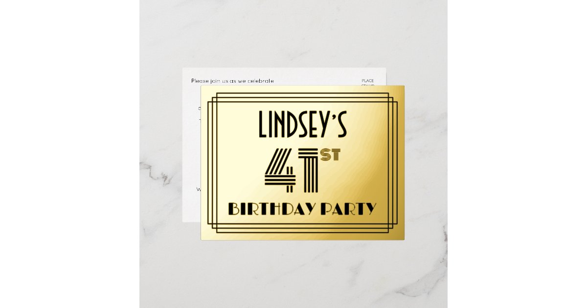41st Birthday Party ~ Art Deco Style “41” + Name Foil Invitation ...