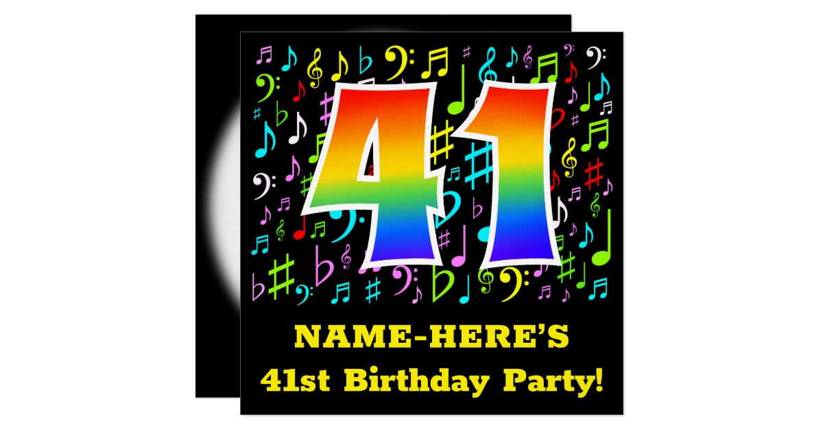 41st Birthday Party: Fun Music Symbols, Rainbow 41 Invitation | Zazzle.com