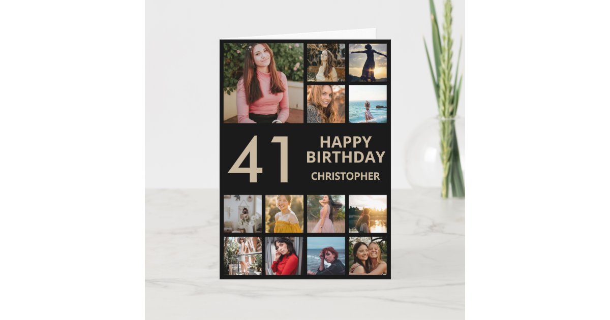 41st Birthday Photo Collage 13 Photos Black & Gold Card | Zazzle