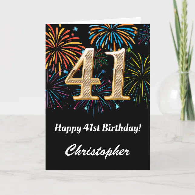 41st Birthday Rainbow Fireworks Black and Gold Card | Zazzle