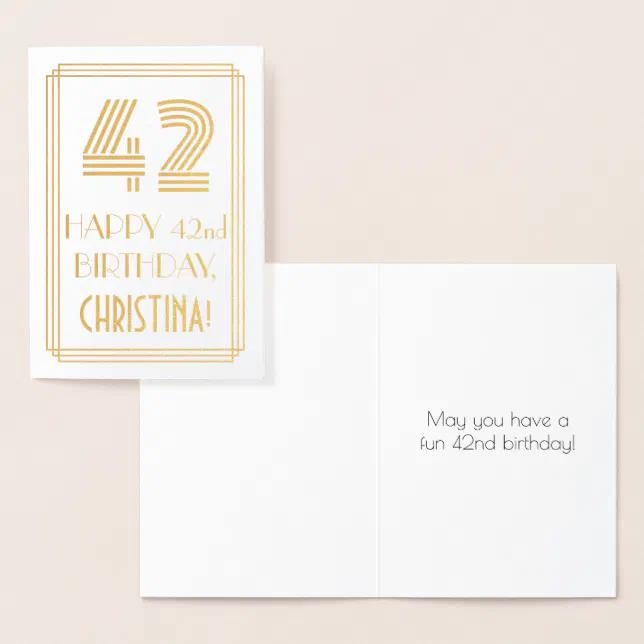 42nd Birthday - Art Deco Inspired Look "42" & Name Foil Card | Zazzle