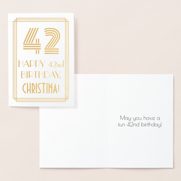 42nd Birthday - Art Deco Inspired Look "42" & Name Foil Card | Zazzle