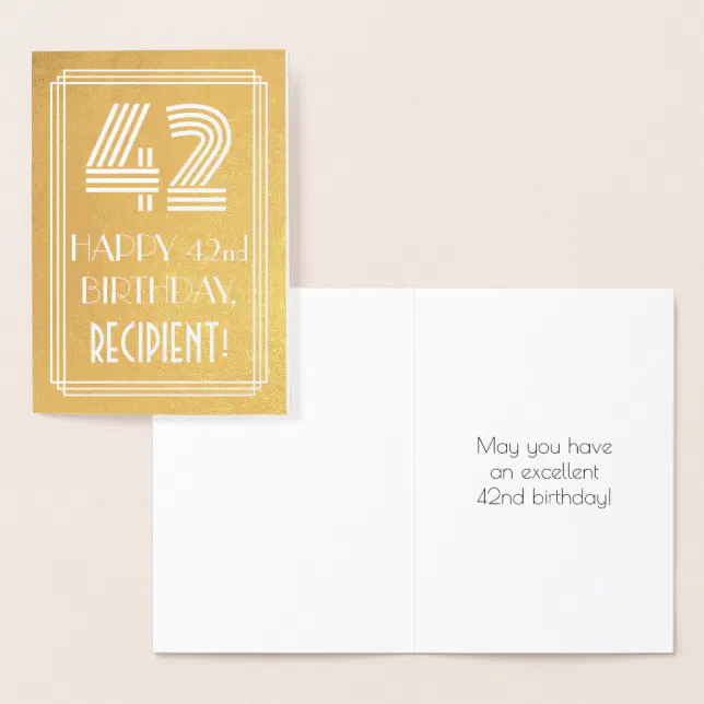 42nd Birthday – Art Deco Inspired Look "42" + Name Foil Card | Zazzle