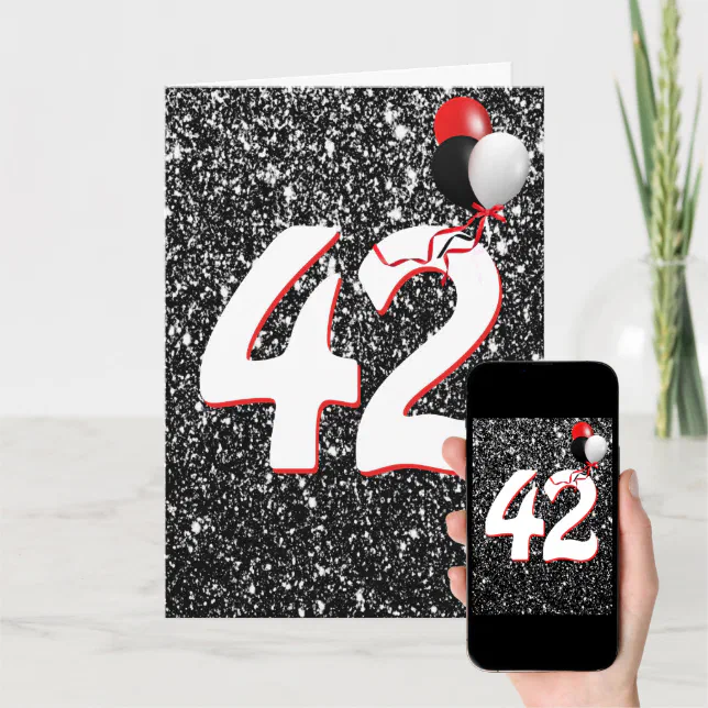 42nd Birthday Balloons on Black Glitter Card | Zazzle