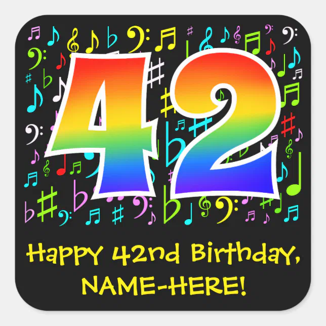 42nd Birthday: Colorful Music Symbols, Rainbow 42 Square Sticker | Zazzle