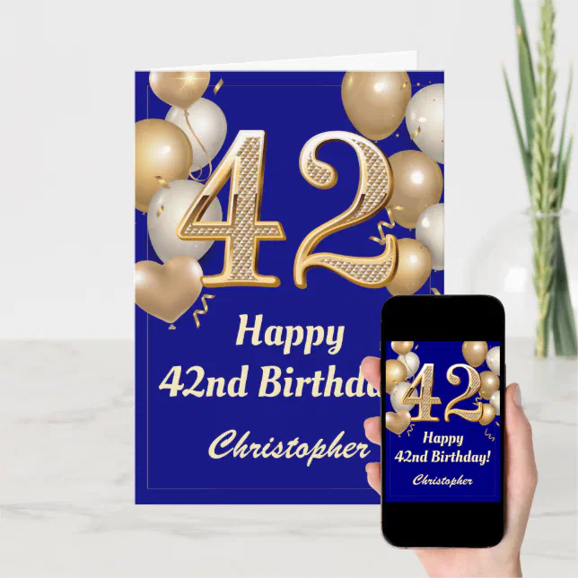 42nd Birthday Navy Blue and Gold Balloons Confetti Card | Zazzle