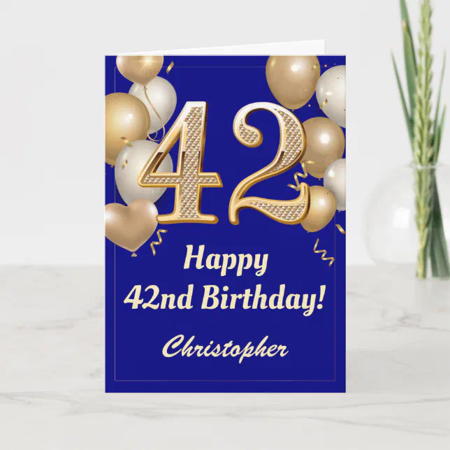 42nd Birthday Navy Blue and Gold Balloons Confetti Card | Zazzle