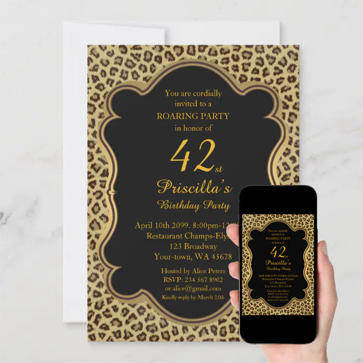 42nd,Birthday Party 42st,Cheetah, Black & Gold Invitation | Zazzle
