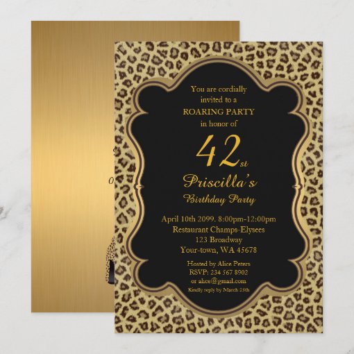 42nd,Birthday Party 42st,Cheetah, Black & Gold Invitation | Zazzle