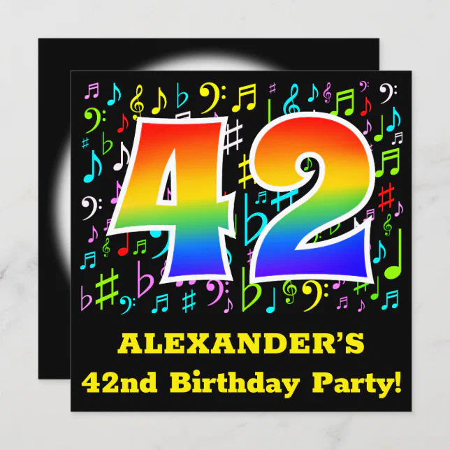 42nd Birthday Party: Fun Music Symbols, Rainbow 42 Invitation | Zazzle