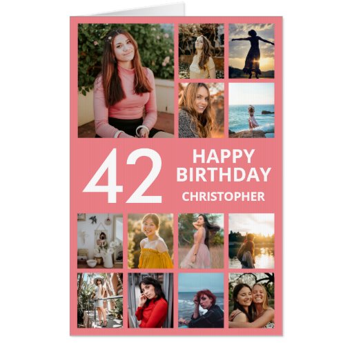42nd Birthday Photo Collage 13 Photos Pink & White Card | Zazzle