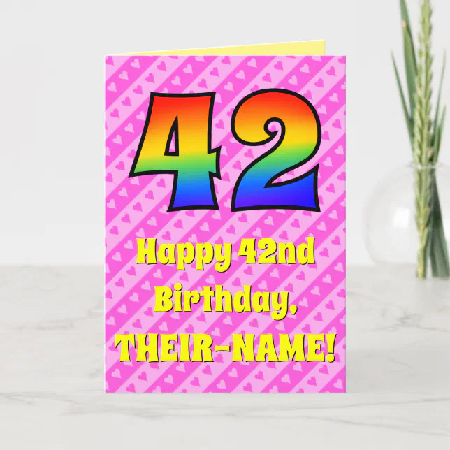 42nd Birthday: Pink Stripes & Hearts, Rainbow # 42 Card | Zazzle