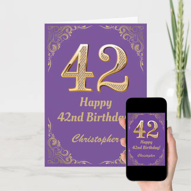 42nd Birthday Purple and Gold Glitter Frame Card | Zazzle