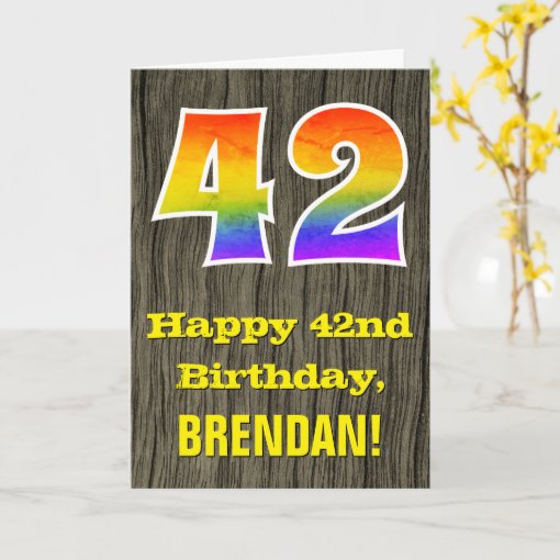 42nd Birthday: Rustic Faux Wood Look, Rainbow "42" Card | Zazzle