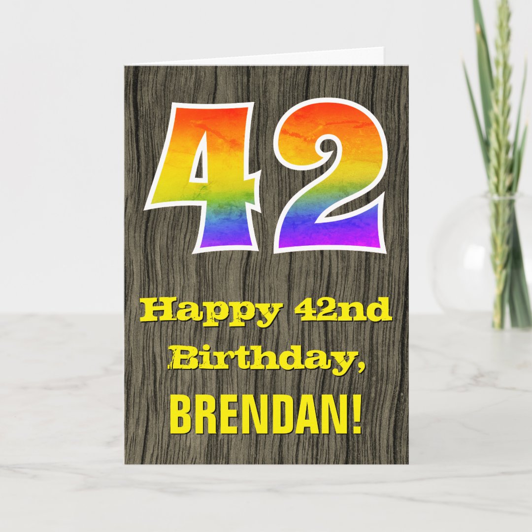 42nd Birthday: Rustic Faux Wood Look, Rainbow "42" Card | Zazzle