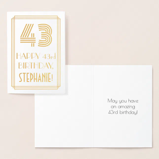 43rd Birthday - Art Deco Inspired Look "43" & Name Foil Card | Zazzle