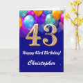 43rd Birthday Navy Blue and Gold Colorful Balloons Card | Zazzle