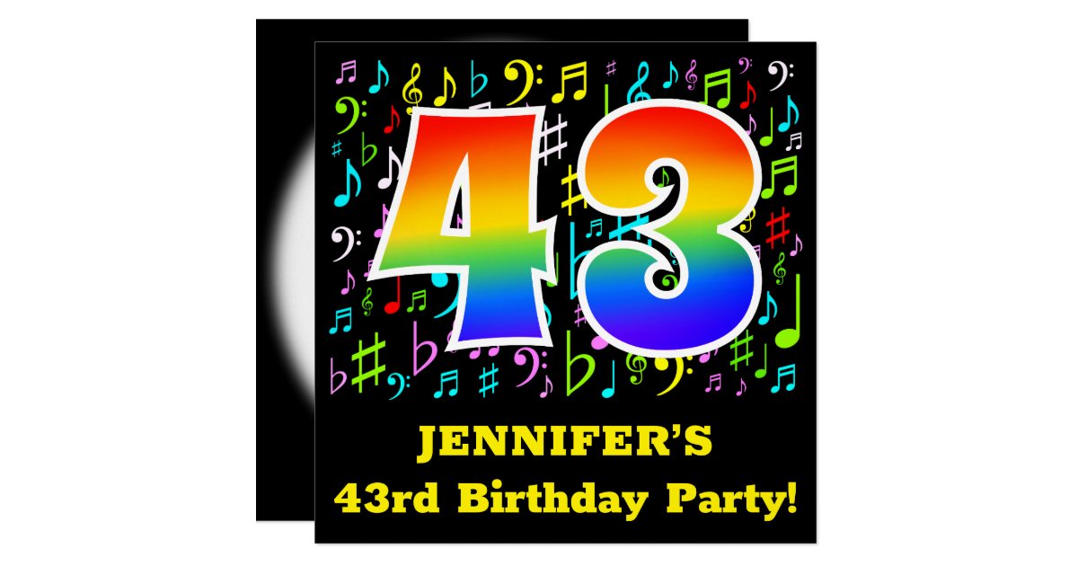 43rd Birthday Party: Fun Music Symbols, Rainbow 43 Invitation | Zazzle.com