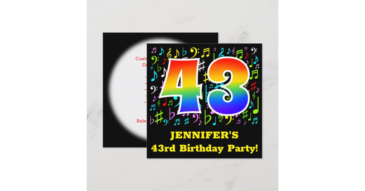 43rd Birthday Party: Fun Music Symbols, Rainbow 43 Invitation | Zazzle