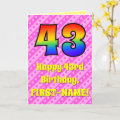 43rd Birthday: Pink Stripes & Hearts, Rainbow # 43 Card | Zazzle