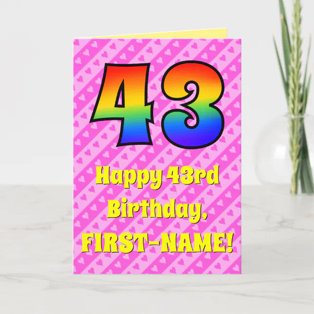 43rd Birthday: Pink Stripes & Hearts, Rainbow # 43 Card | Zazzle
