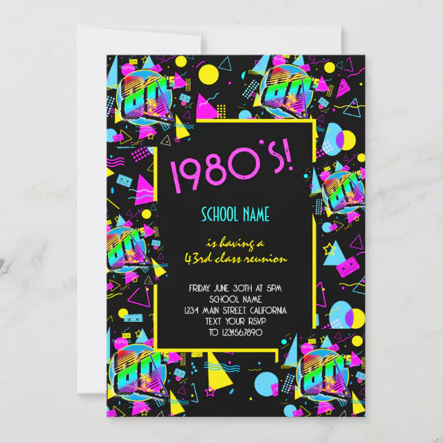 43rd Retro Colorful 1980's School Reunion Event Invitation | Zazzle