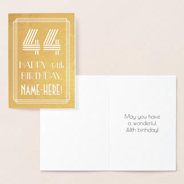 44th Birthday – Art Deco Inspired Look "44" + Name Foil Card | Zazzle
