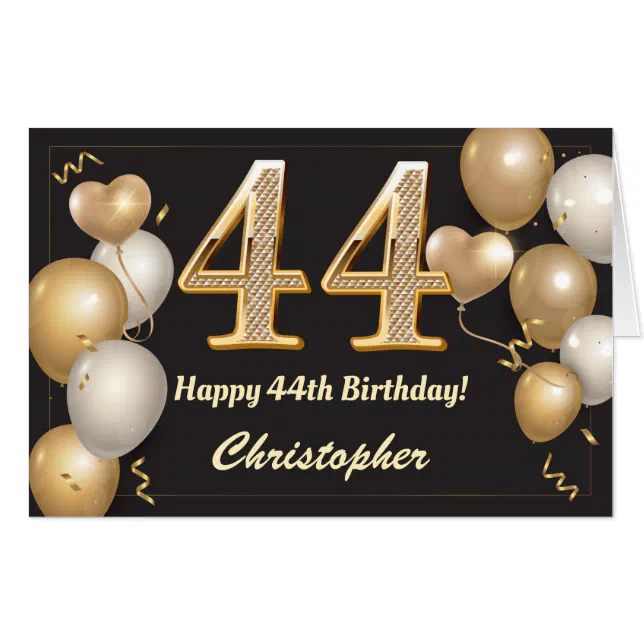 44th Birthday Black and Gold Balloons Extra Large Card | Zazzle
