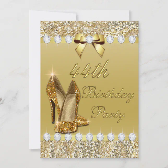 44th Birthday Classy Gold Heels Sequins Diamonds Invitation | Zazzle