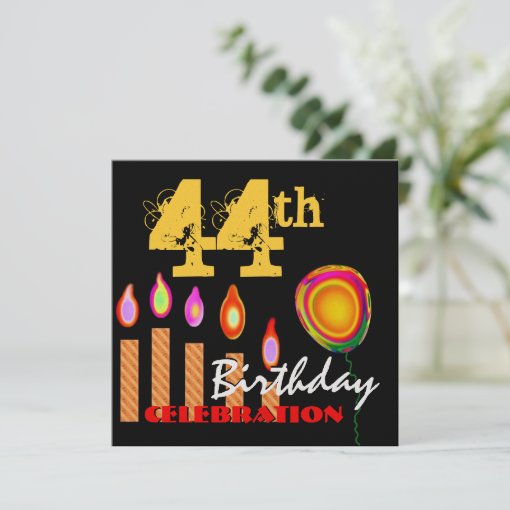 44th Birthday Gold Candles and Balloon Metallic Invitation | Zazzle