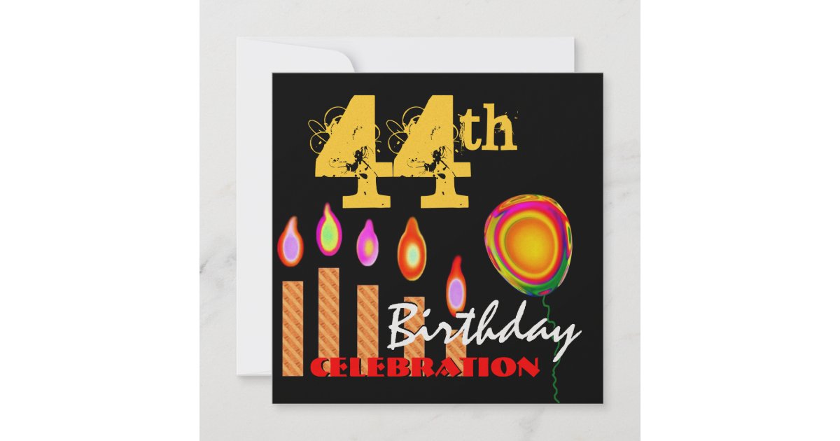 44th Birthday Gold Candles and Balloon Metallic Invitation | Zazzle