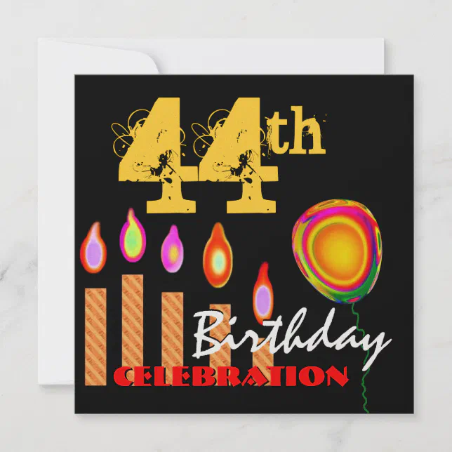 44th Birthday Gold Candles and Balloon Metallic Invitation | Zazzle