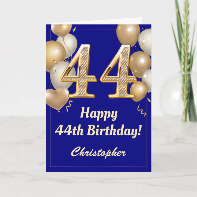 44th Birthday Navy Blue and Gold Balloons Confetti Card | Zazzle