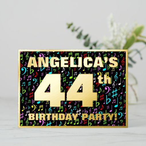 44th Birthday Party — Fun, Colorful Music Symbols Foil Invitation | Zazzle
