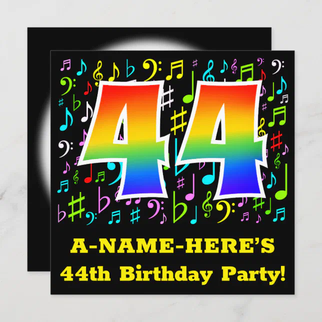 44th Birthday Party: Fun Music Symbols, Rainbow 44 Invitation | Zazzle