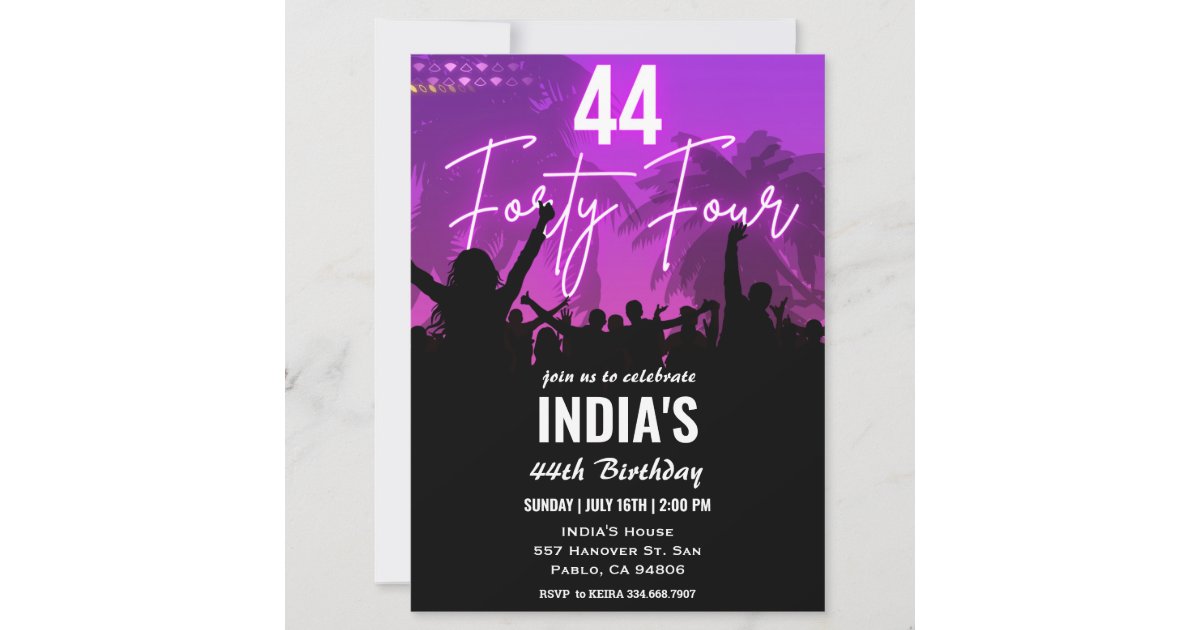44th Birthday Party Pink Neon Invitation | Zazzle