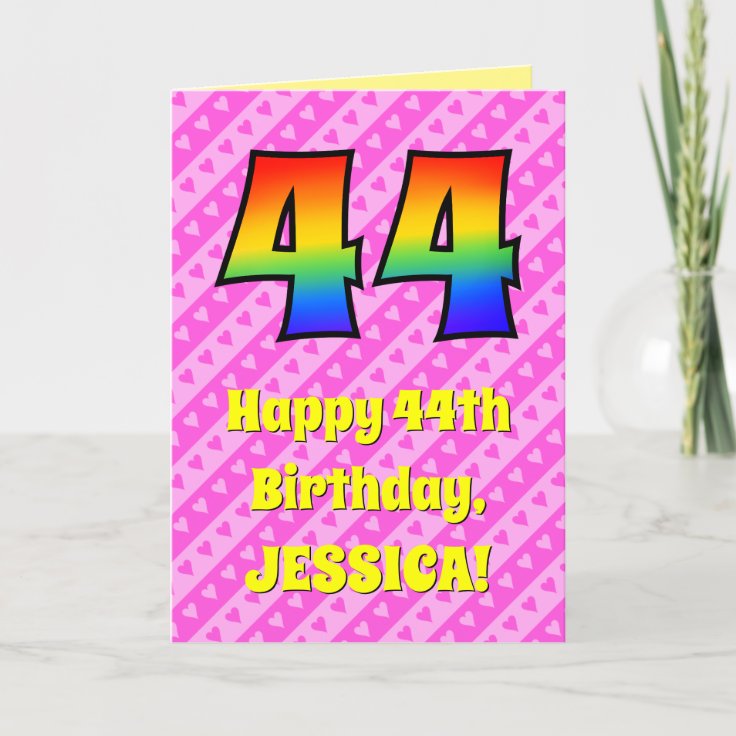 44th Birthday: Pink Stripes & Hearts, Rainbow # 44 Card | Zazzle