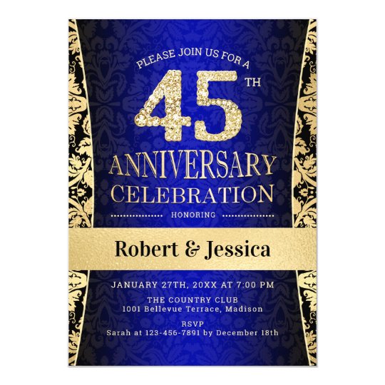 45th Anniversary Party Blue Gold Invitation Zazzle 45th Anniversary Party Blue Gold Invitation Zazzle
