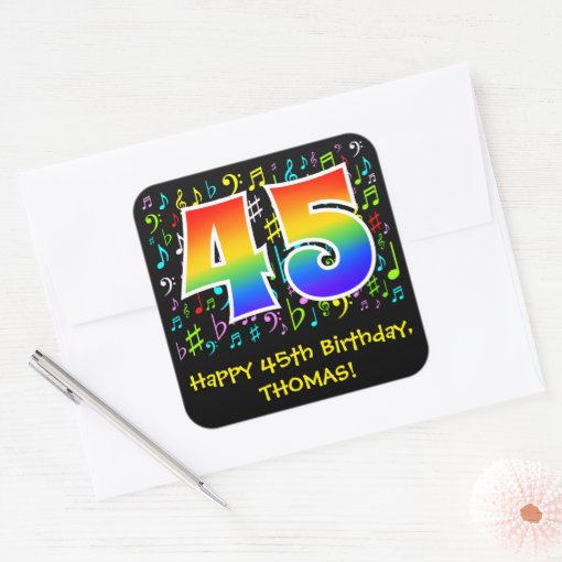 45th Birthday: Colorful Music Symbols, Rainbow 45 Square Sticker | Zazzle