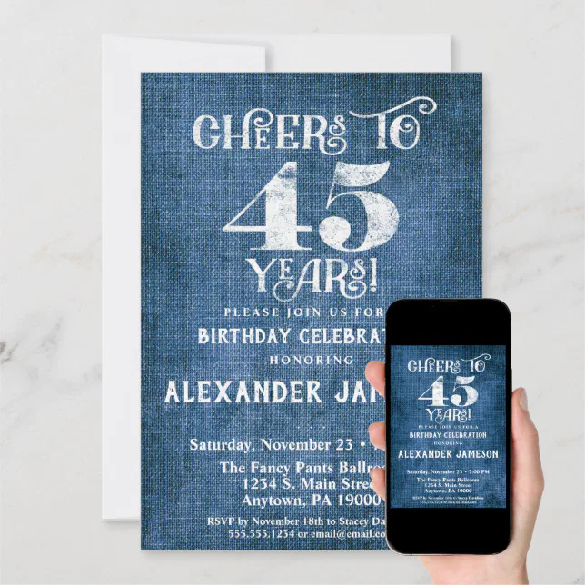 45th Birthday Invitation Blue Linen Rustic Cheers | Zazzle