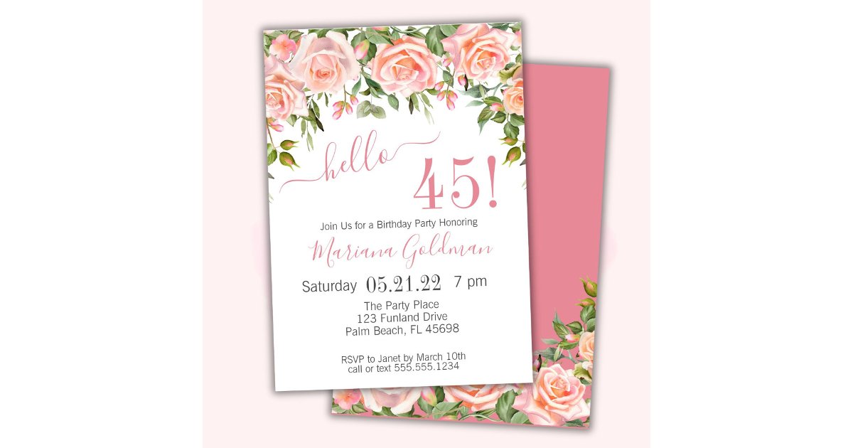 45th Birthday Invitations Pink Floral Modern Party | Zazzle