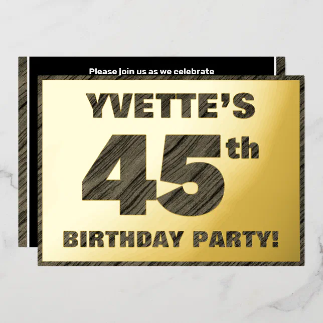 45th Birthday Party — Bold, Faux Wood Grain Text Foil Invitation | Zazzle